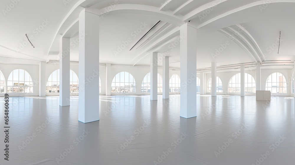 Empty white room with panoramic windows and seamless spherical HDRI ...