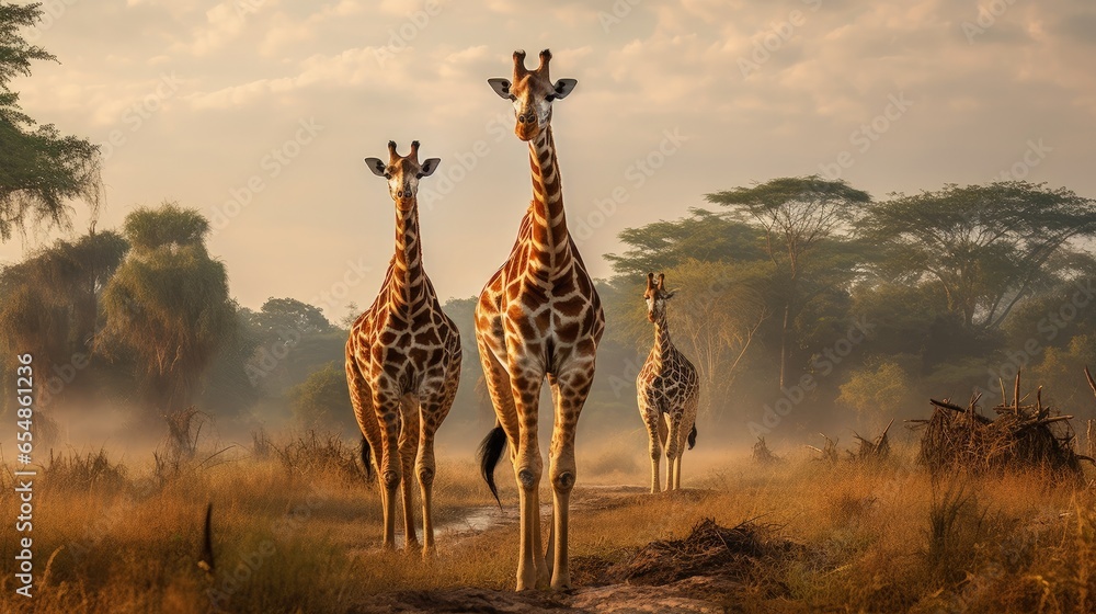 Four giraffes from the Rothschild subspecies standing in Murchison ...