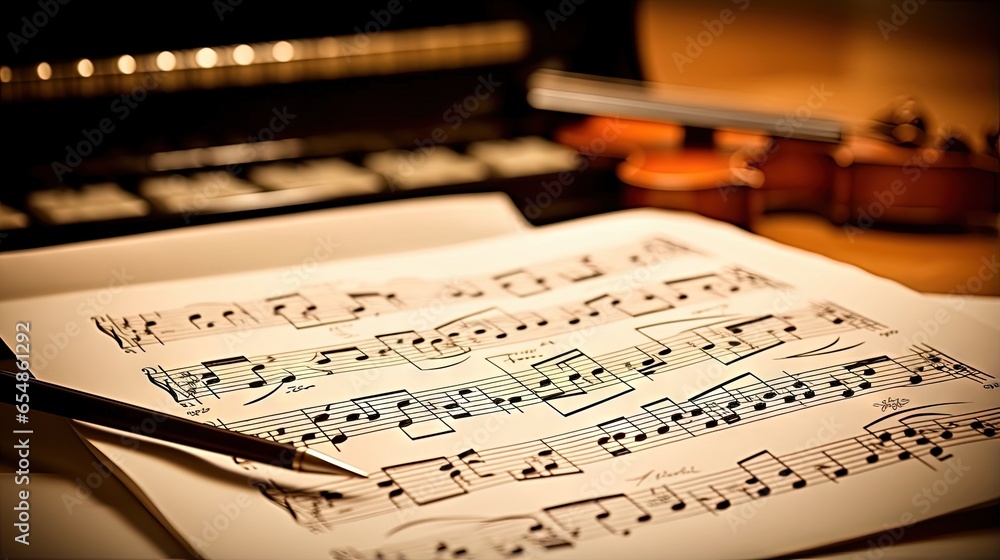 Using quill pen and ink to write musical notes on sheet closeup Music ...