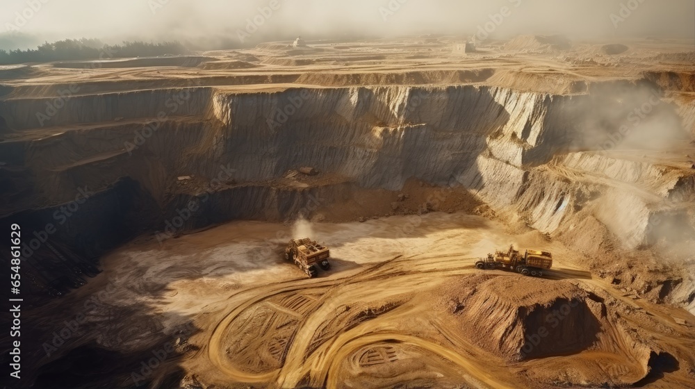 Excavator mining clay in open pit quarry for brick and tile production ...