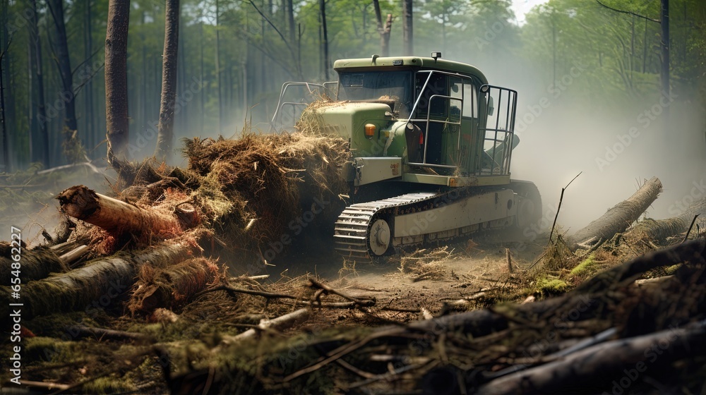 Mulching felled trees in deforestation using a horizontal grinder Stock ...