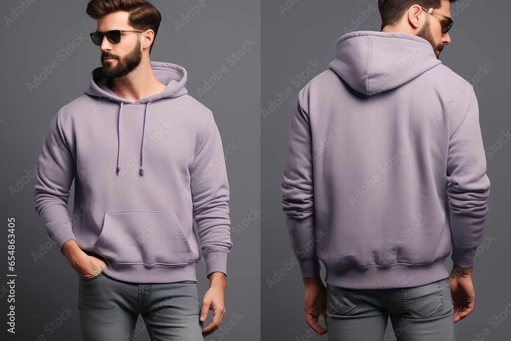 Young man wearing long sleeve hoodie sweatshirt Side view, back and ...