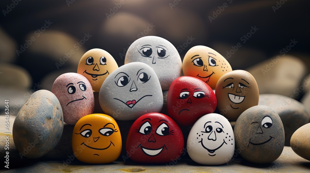 Emotions represented by painted face stones unite us teaching us to ...