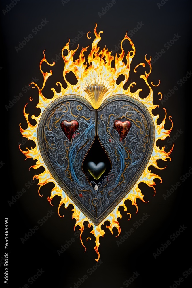 playing card depicting a detailed prismatic sacred heart shape engraved ...