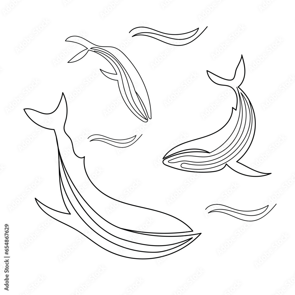 A family of whales in one line. Mom, dad and baby whales. Black lines ...