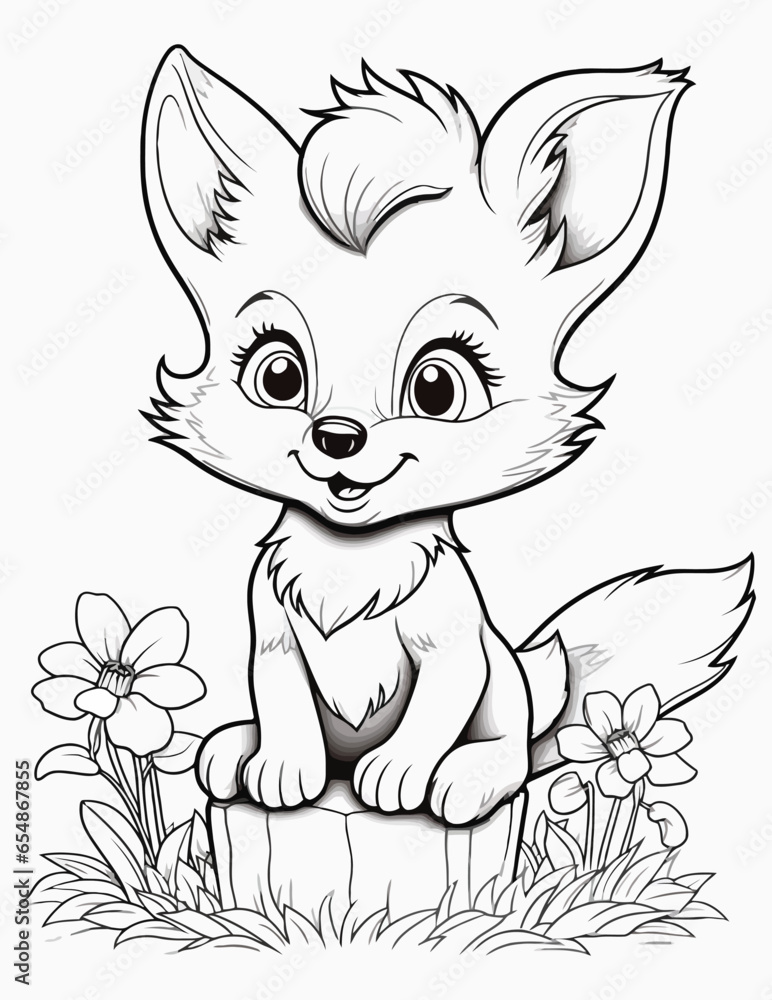 Cute kawaii animal coloring page for kids with nature, Vintage forest ...