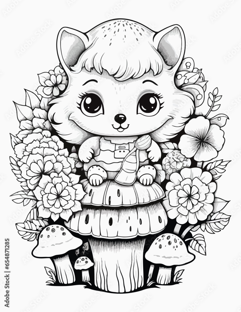 Cute kawaii animal coloring page for kids with nature, Vintage forest ...