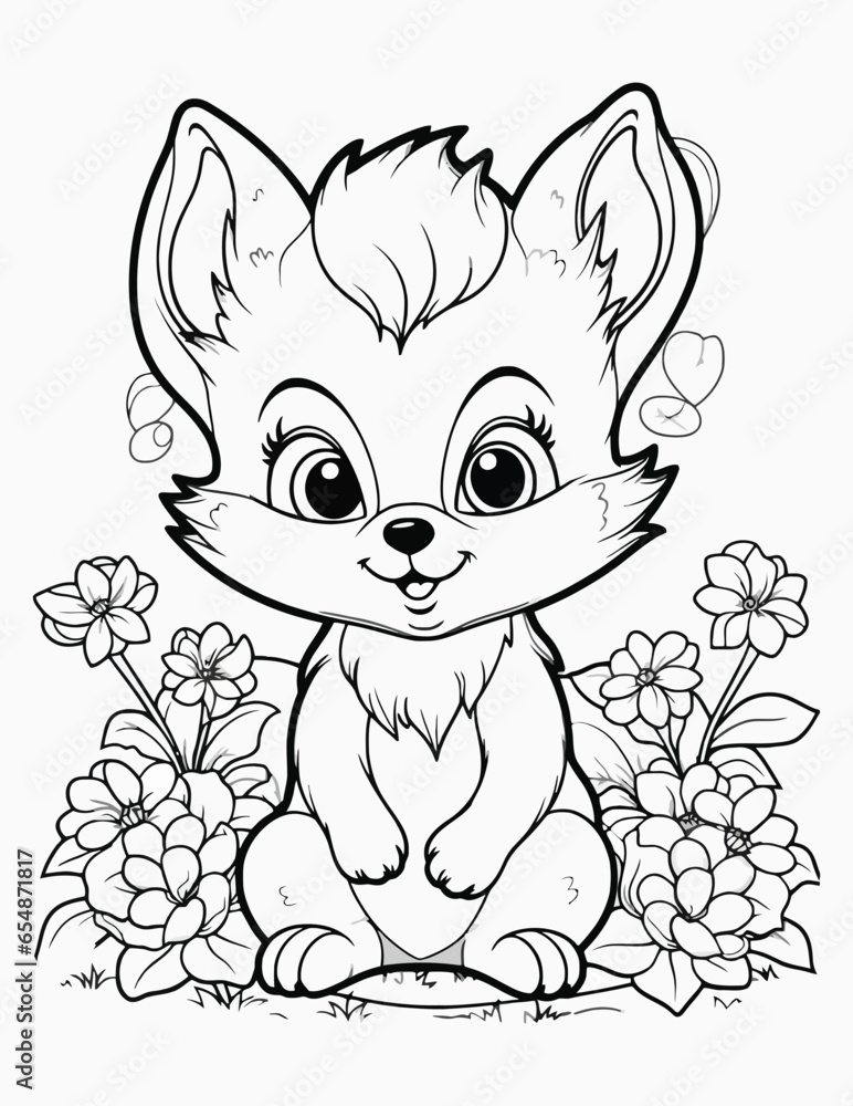 Cute kawaii animal coloring page for kids with nature, Vintage forest ...
