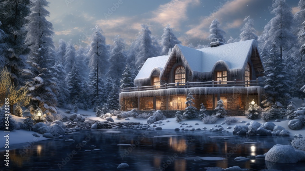a modern cottage reveals a tranquil snowy forest. Tall trees are ...