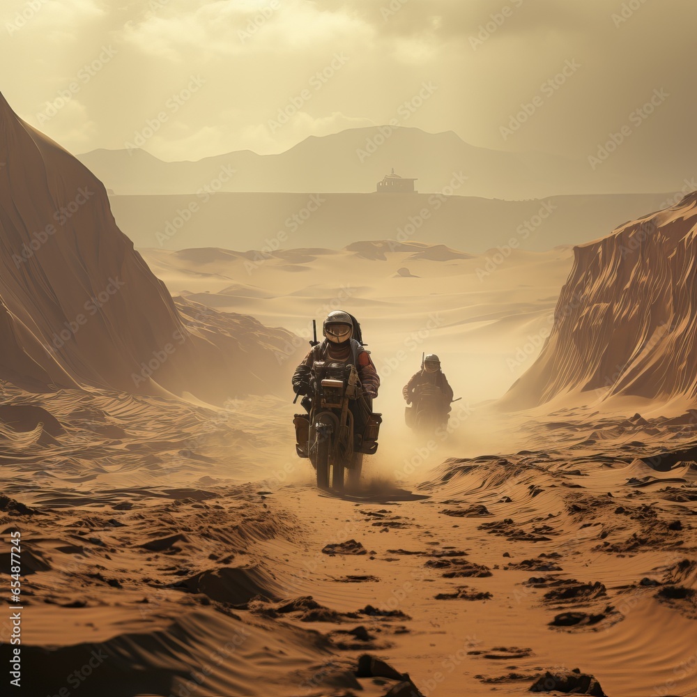 Riding a motorcycle in the desert during a sandstorm, dangerous two ...