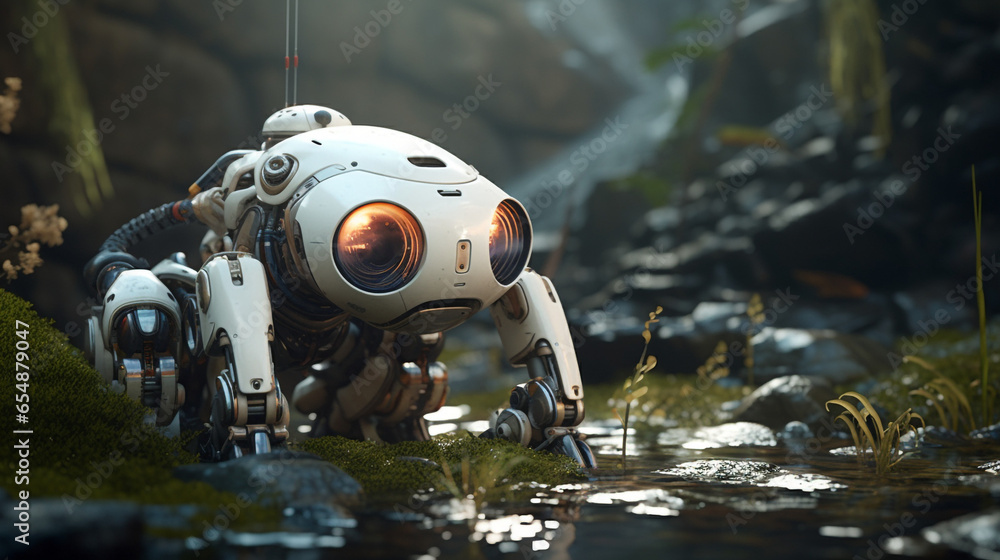 A cute ecological robot with an amphibious appearance and a white shell, exploring the surface ...