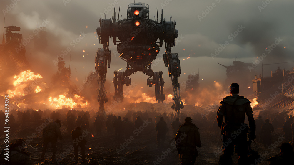 A giant war robot in the middle of a battlefield with fire and ...