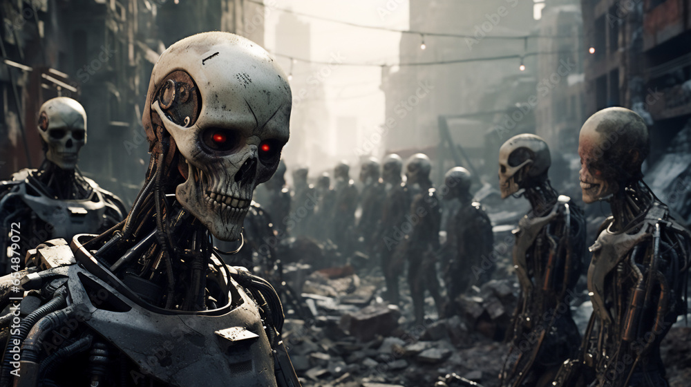 A group of humanoid robots with human skulls, enslaved and subdued ...