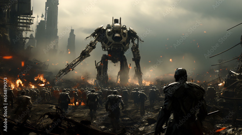 Epic giant robot and human soldiers fight in a war scene, surrounded by ...