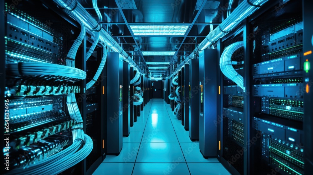 Server room with switch, internet cables and wires. Fiber optic ...