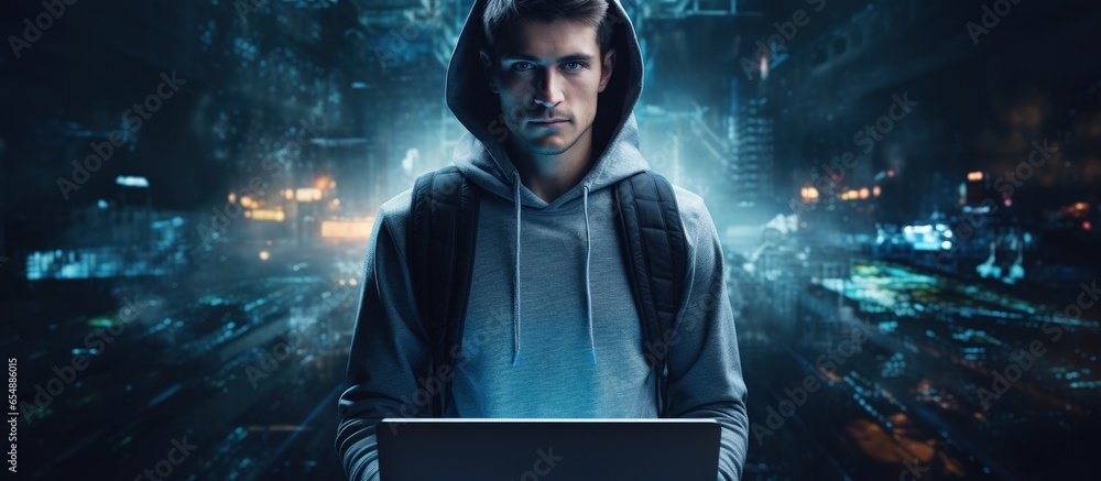 European hacker with laptop computer in abstract micro chip filled ...