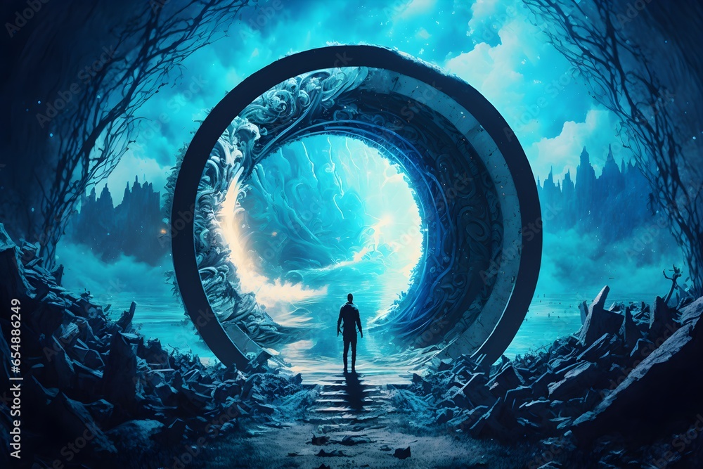 Fantastic blue portal revolving tunnel floating in midair Outside the ...