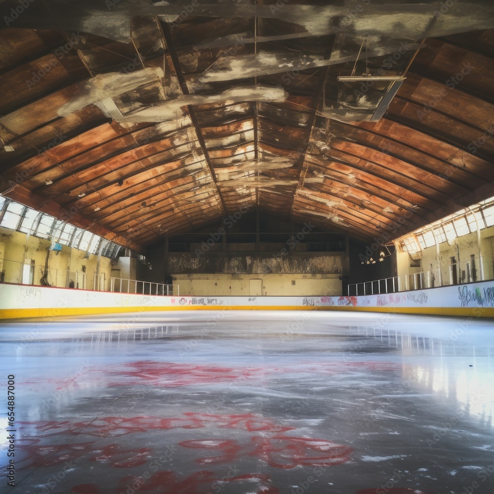 Empty Ice Rink abandoned, spacious, wooden ceiling, reflective ice ...