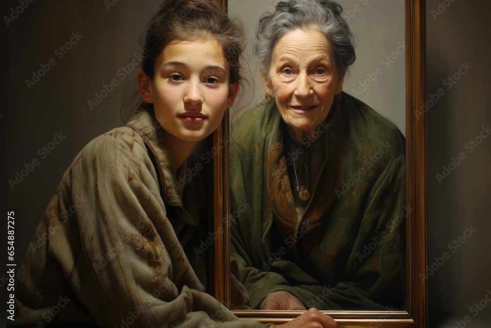 Intimate Moment of Youth and Age. Young woman and elderly lady side by ...
