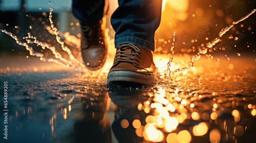 Close-up image captures the dynamic moment as a man's feet step into ...