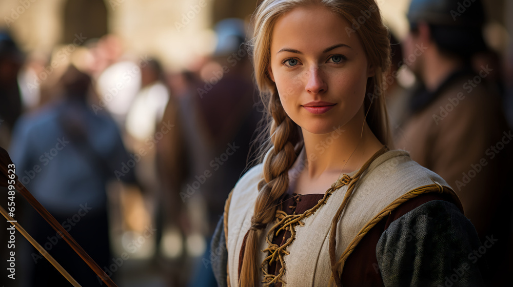 a woman practices her archery skills in a medieval reenactment setting ...