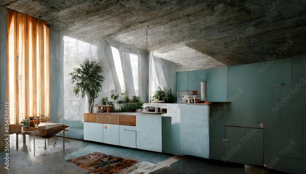 realistic interior environment of a brutalist house in Stalinist Russia ...