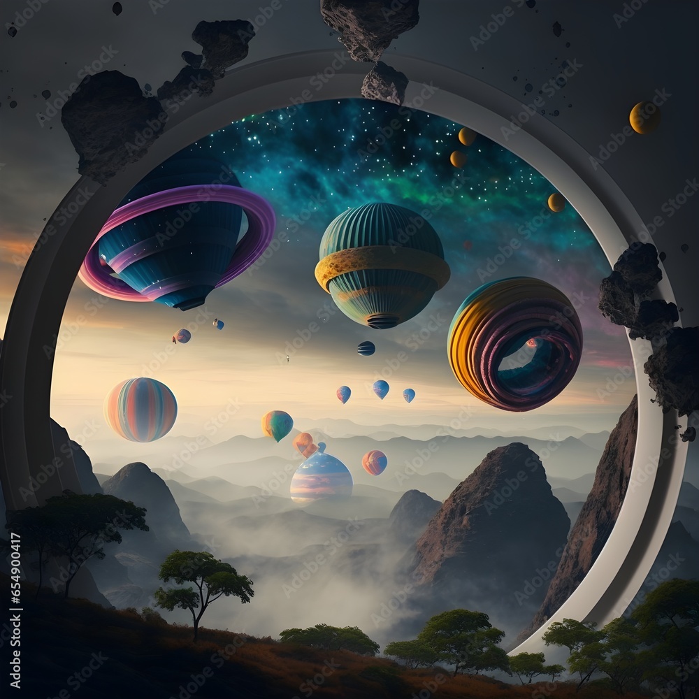 trail of bright rings in the sky of an alien planet covered by a rain ...