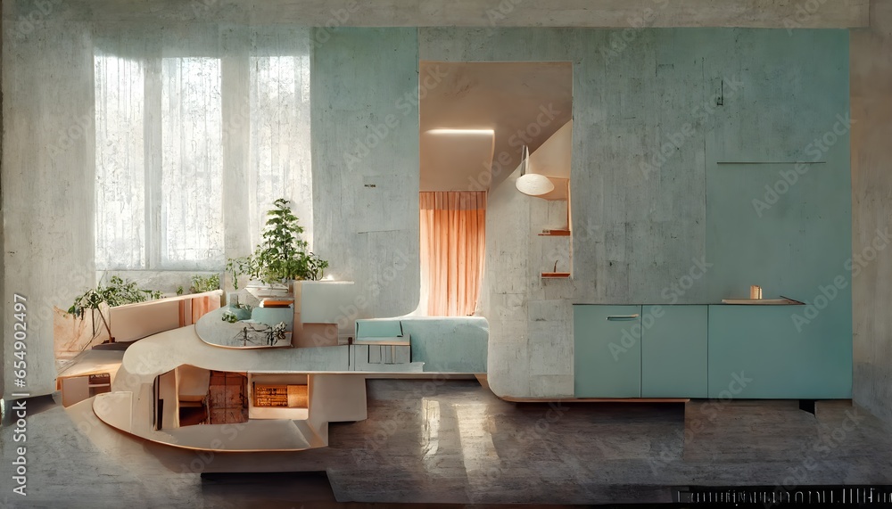 ภาพประกอบสต็อก realistic interior environment of a brutalist house in ...