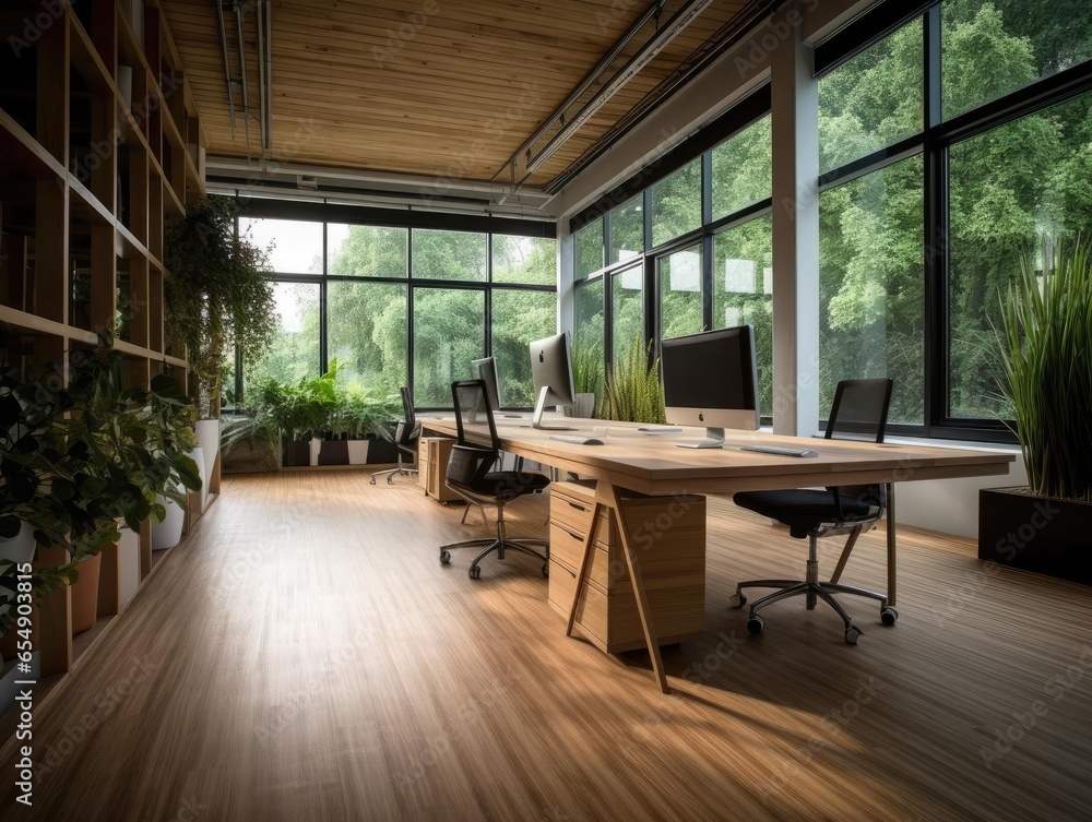 The modern office features a sleek and minimalist design with a ...