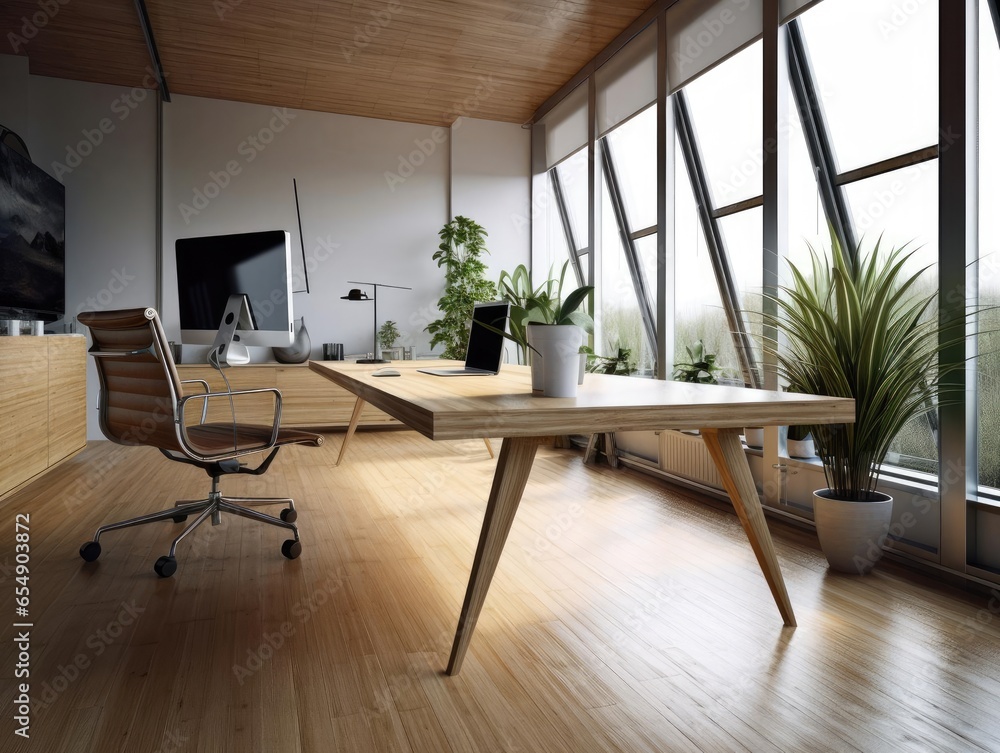 The modern office features a sleek and minimalist design with a ...