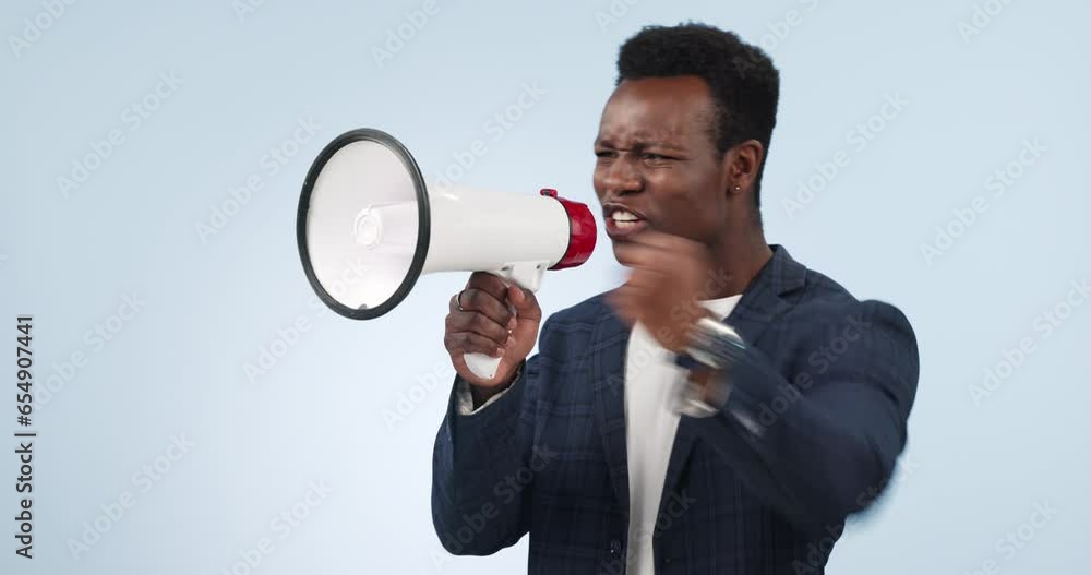 Announcement, megaphone and angry man shouting on speaker noise ...