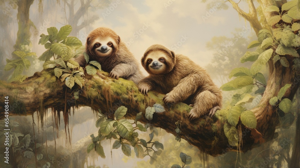 pair of enchanting tree sloths hanging from a jungle tree, their slow ...