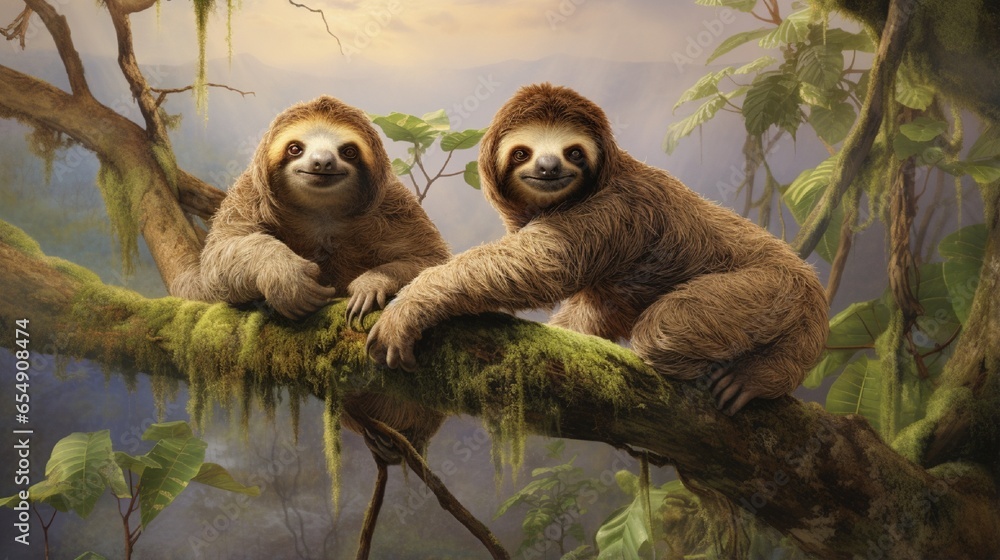 pair of enchanting tree sloths hanging from a jungle tree, their slow ...