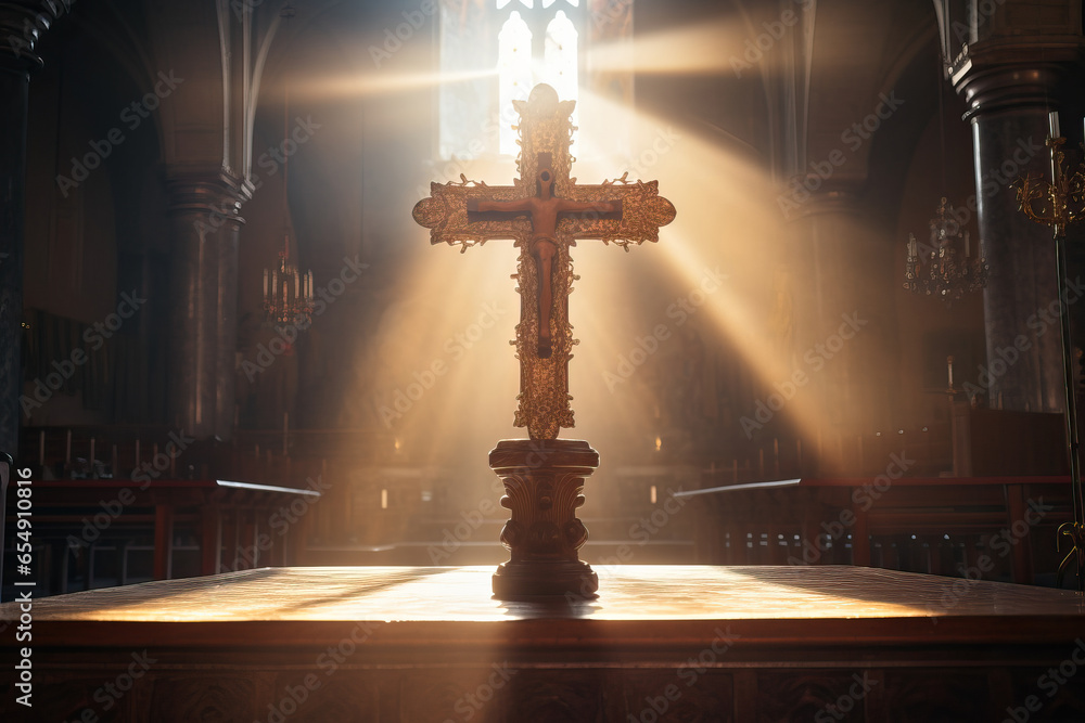 Divine Illumination: Catholic Cross on Altar Lit by Sunlight Stock ...