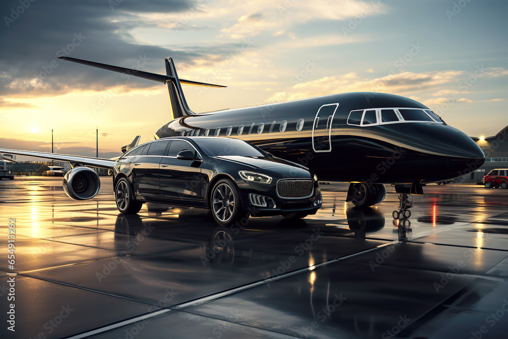 private plane business jet and luxury black car at airport Stock Photo ...