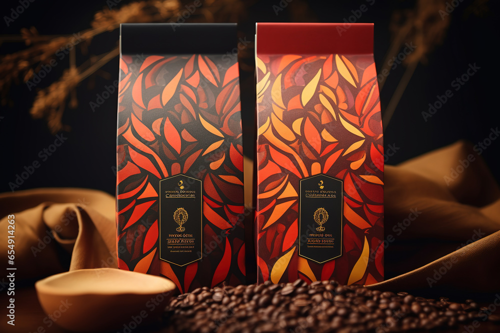 a packaging design for a gourmet coffee brand, reflecting the beans ...