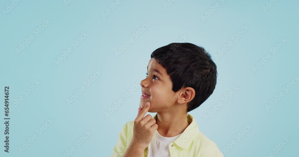 Surprise, boy and child with decision, thinking and brainstorming on a ...