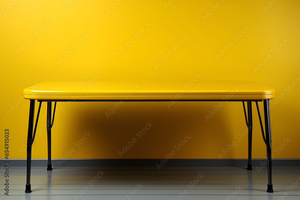 Yellow table on yellow pastel background with copy space. To display a ...