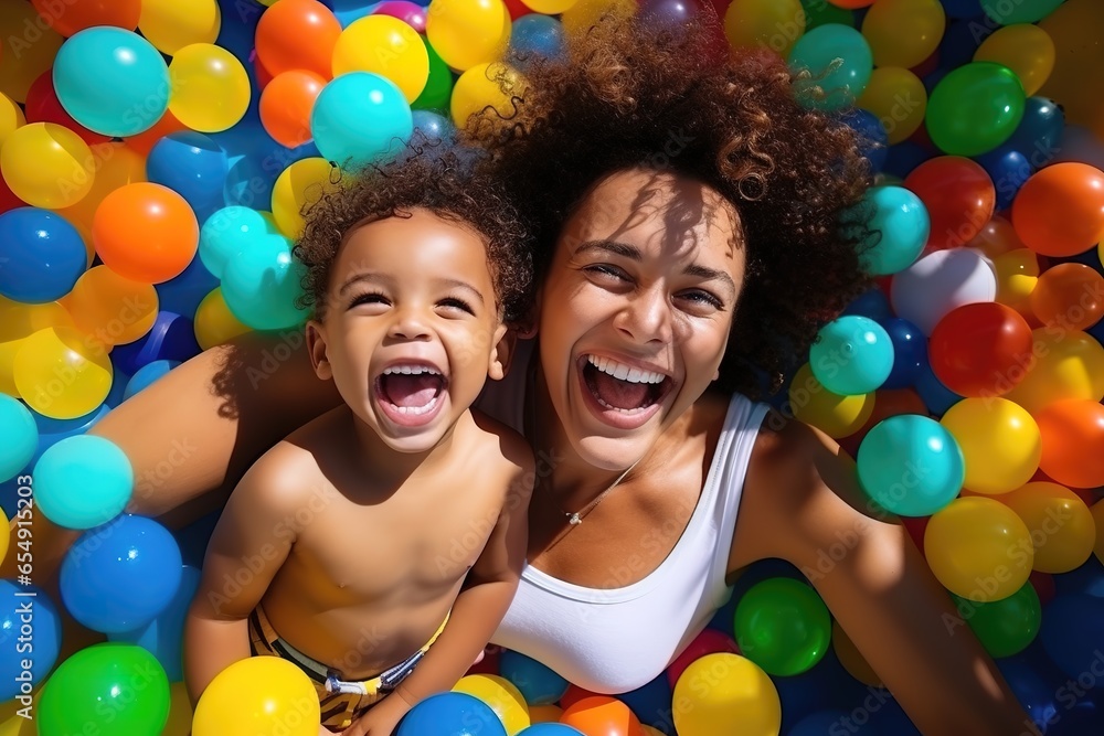 laughing child boy and mother having fun together in ball pit on ...