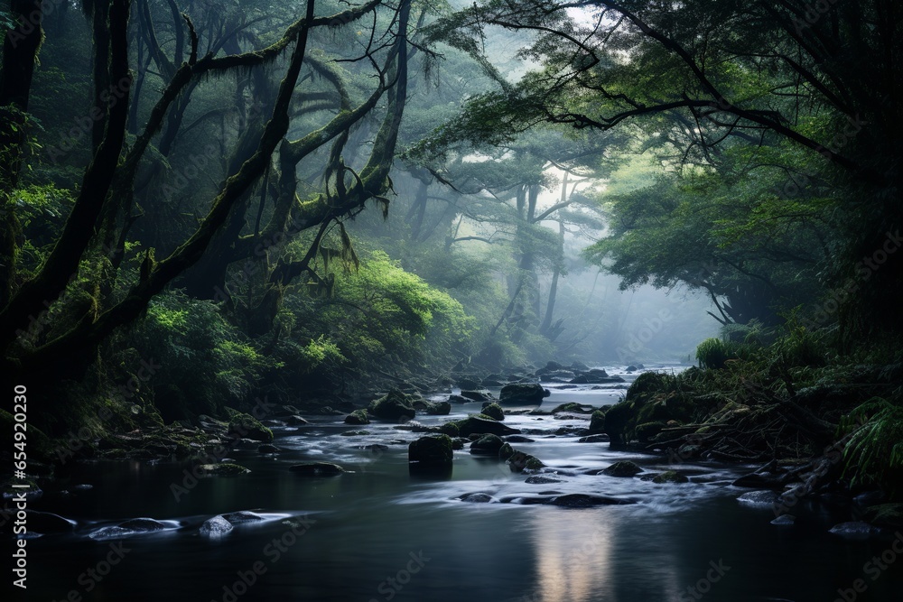 Venture into a surreal forest realm, where dense trees stand shrouded ...