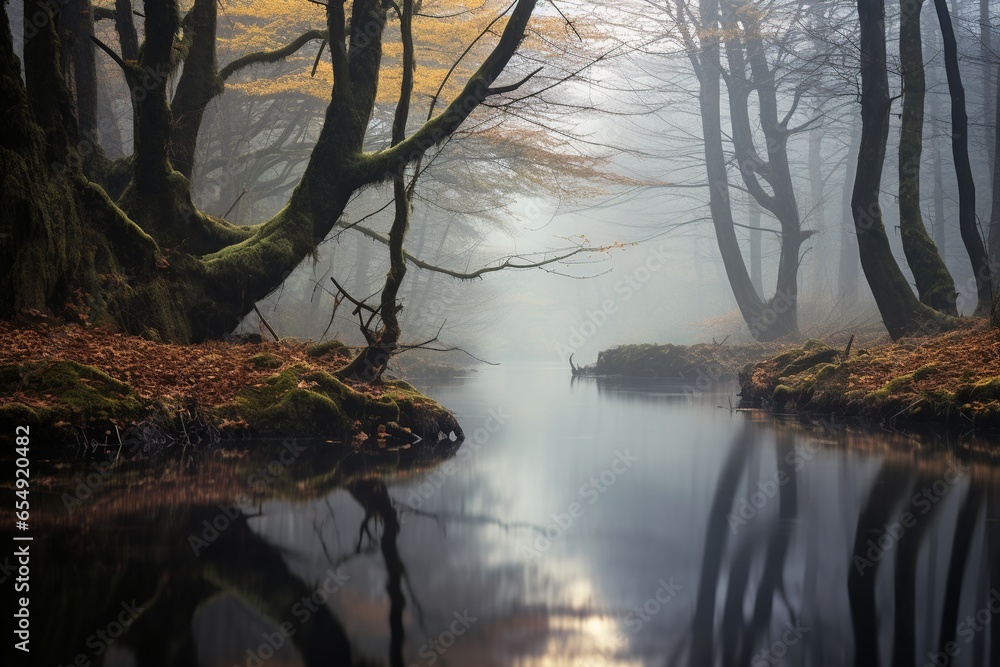 Venture into a surreal forest realm, where dense trees stand shrouded ...