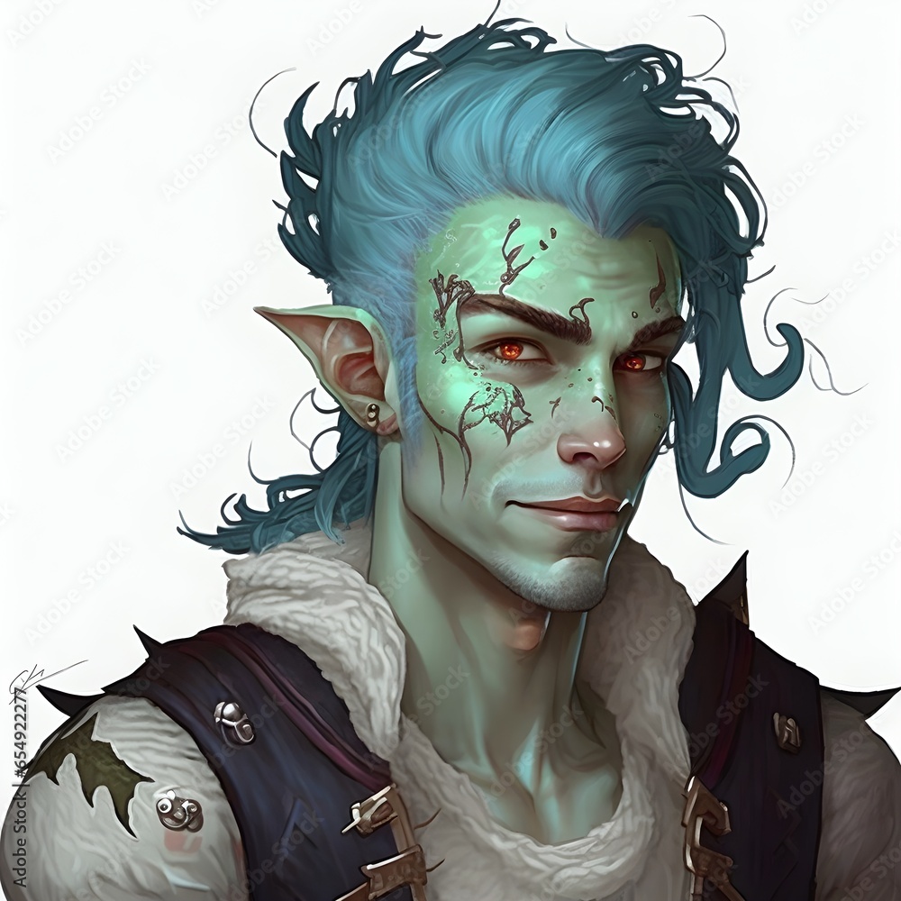 Portrait of a sea elf light blue skin sea foam green hair white feather ...