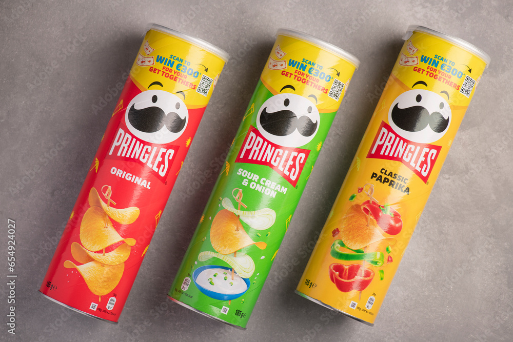 Pringles chips with different flavors on a gray background. Germany ...