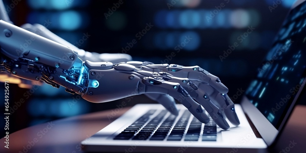 Robot hand typing on the computer. The concept of artificial ...