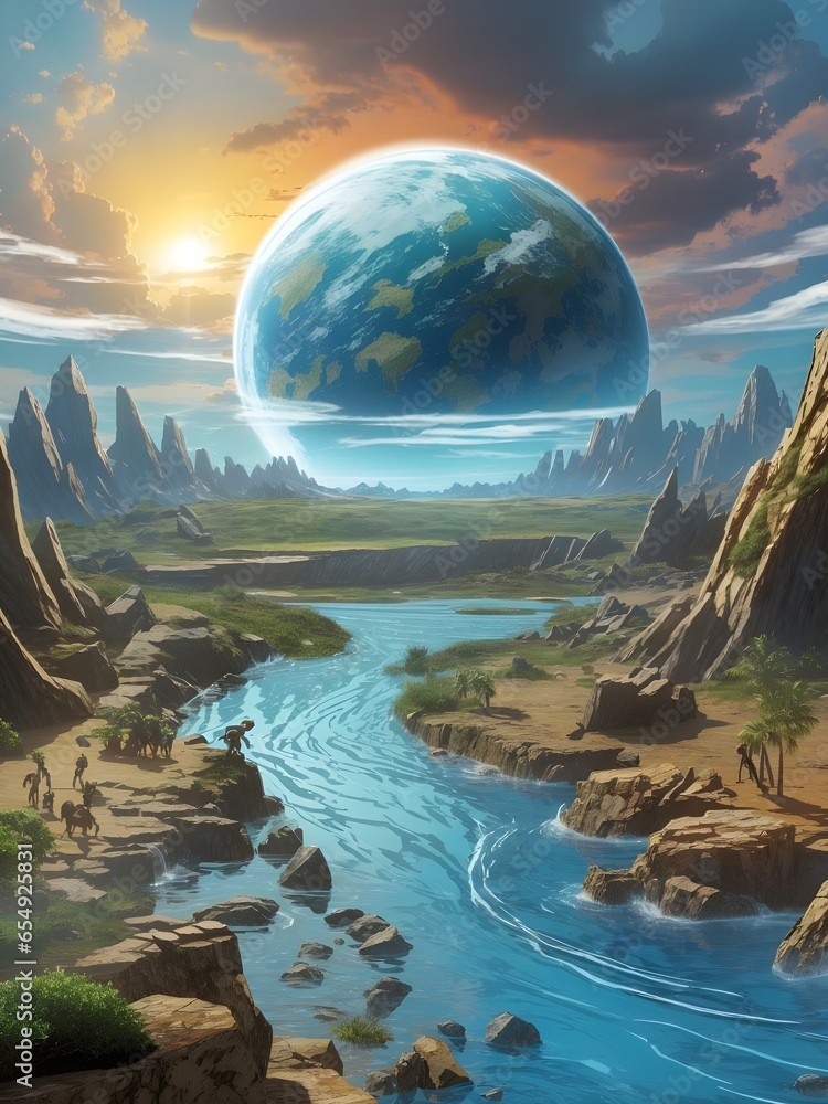 prehistoric planet earth with lots of water, image as if from a comic ...