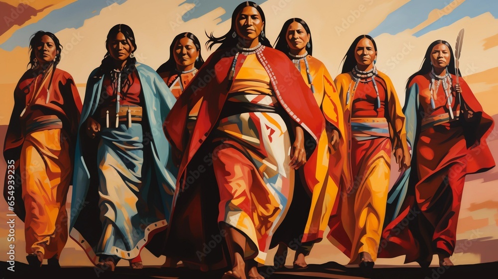 illustration of seven strong indigenous women marching in unity to ...