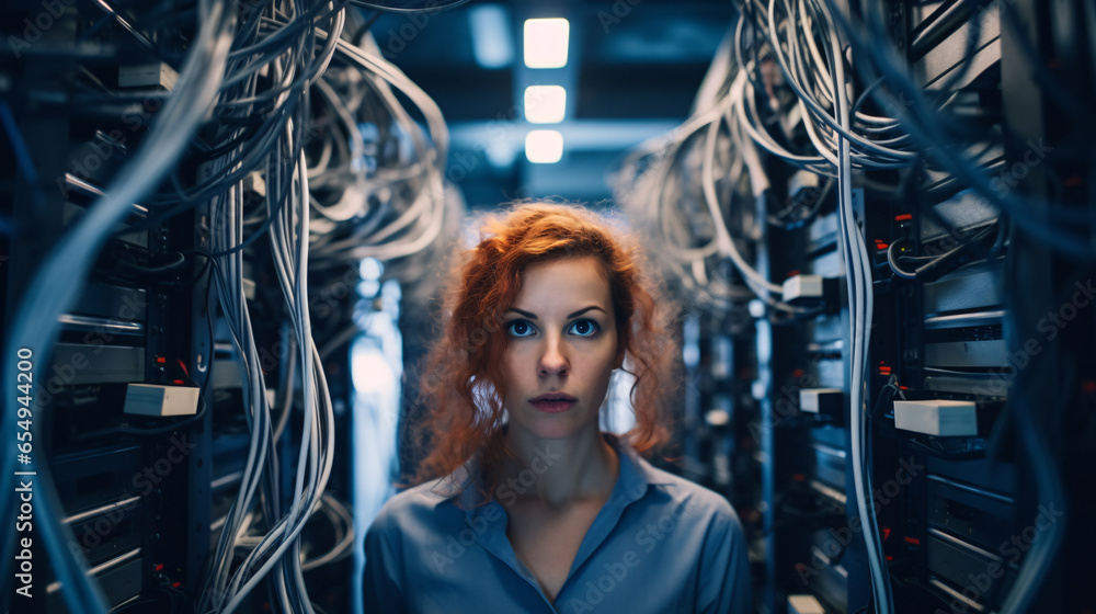 female network engineer worried inside a server farm, with network ...