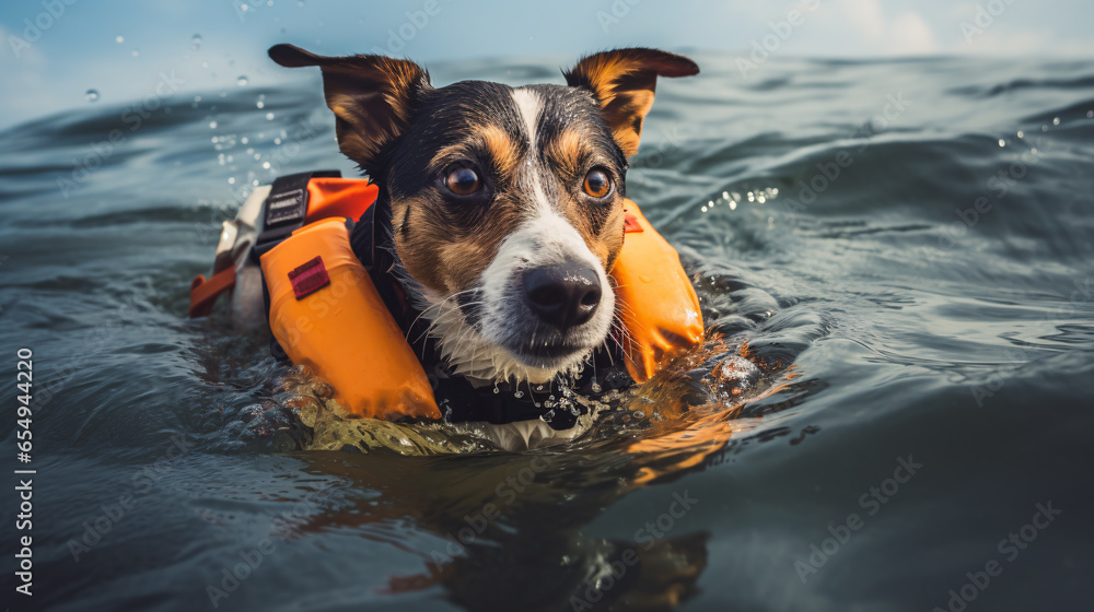 Rescue dog swimming in a water, dog playing in water with a floating ...