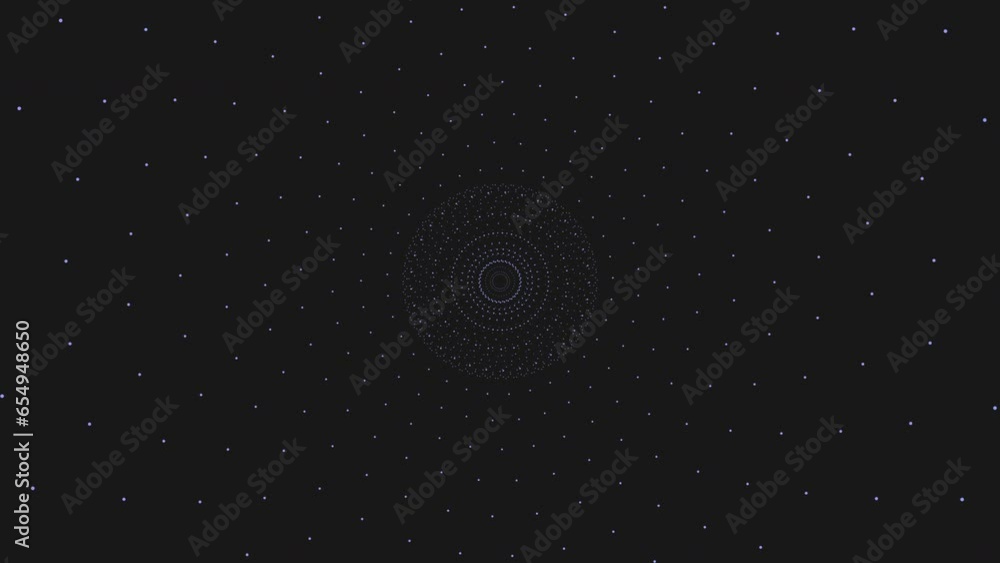 Circular spiral pattern of blue dots on a black background creates a ...