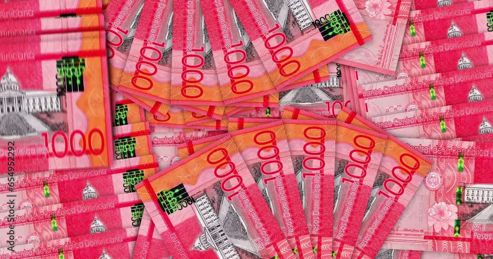 Dominican Peso banknotes in a cash fan mosaic pattern loop. Dominican ...